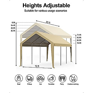 DEXSO Carport 10'x20' Heavy Duty Steel Canopy Height Adjustable & Portable Garage with Roll-up Ventilated Side Doors for Truck Boat Car Port, Party, Equipment Placement, Straw
