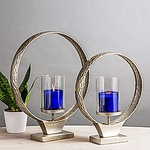 Foreside Home & Garden Large Hammered Metal Round Ring Pillar Candle Holder, Small, Silver