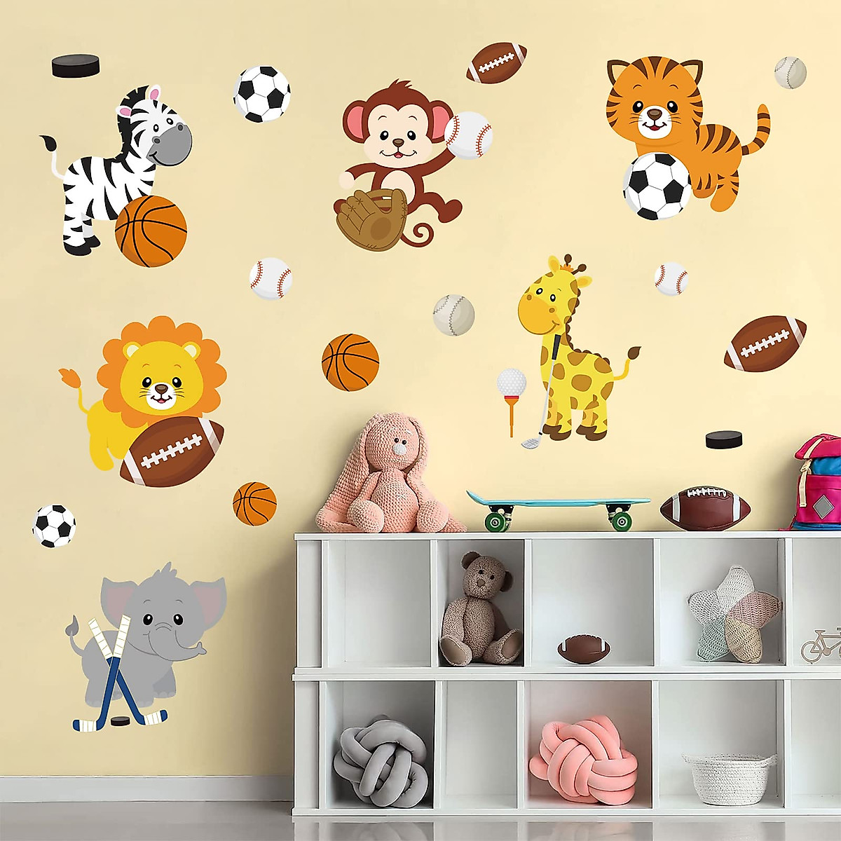 Supzone Cartoon Animal Sport Wall Decals Sports Balls Wall Stickers Jungle Monkey Lion Giraffe DIY Vinyl Wall Art Sticker for Kids Baby Nursery Playroom Bedroom Girls Boy Room Wall Decor