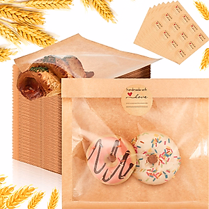 Outus 400 Pcs Heat Sealable Bakery Bags with Window Grease Resistant Kraft Cookie Bags Pastry Bags with Paper Stickers for Packaging Donut Bread Cookie Goods Sandwich Baked Treat (7.1 x 7.5 Inch)