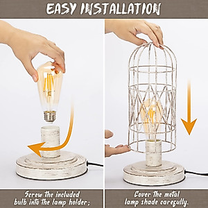 Small Table Lamp, Touch Control Table Lamp with Brushed White Oak Cage, Farmhouse Bedside Lamp 3-Way Dimmable Nightstand Lamp Edison Lamp for Bedroom, Living Room, Hallway, Kitchen, LED Bulb Included