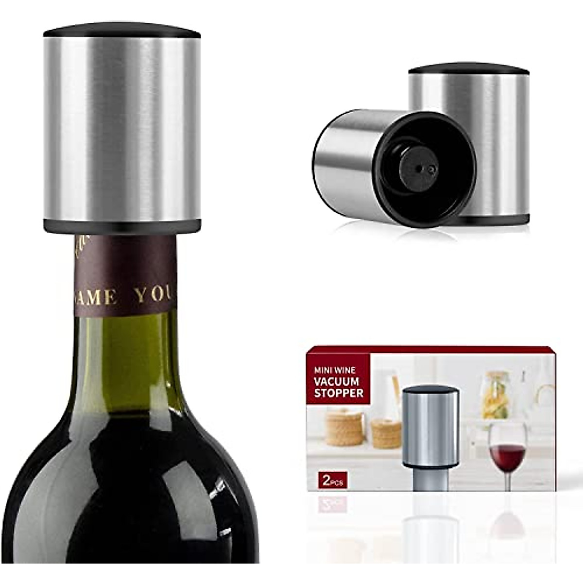 Wine Stopper - HOOMIL １ 𝐏𝐚𝐜𝐤 Stainless Steel Vacuum Wine Bottle Stopper, Reusable Wine Saver, Wine Accessories Gift for Friends, Family, Wine Lovers - Silver