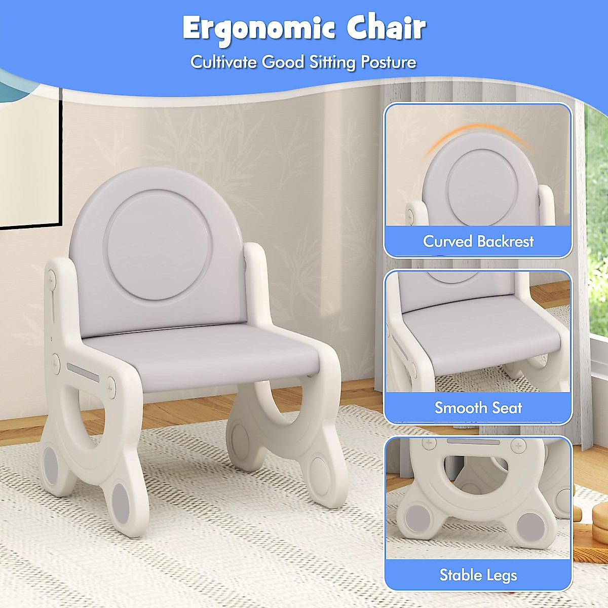 HONEY JOY Kids Table and Chair Set, Plastic Children Activity Table and Chair w/Graffiti Desktop, Storage, Markers & Eraser, Toddler Table and Chair Set for Daycare Playroom Classroom (Gray)