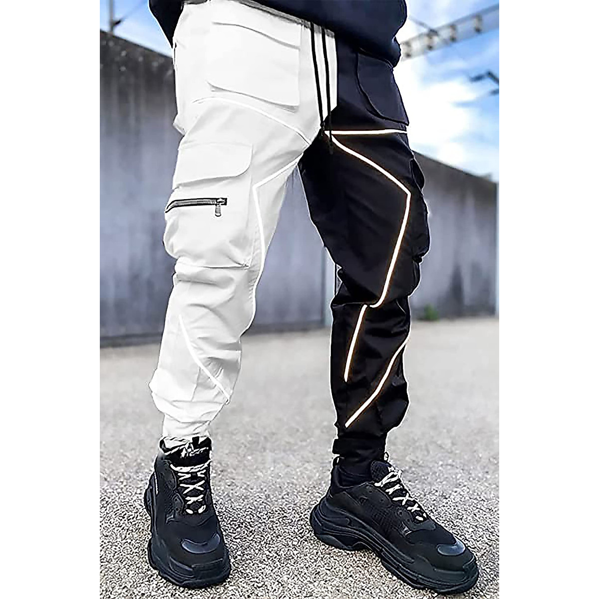 BOOMLEMON Men's Cargo Jogger Pants Reflective Technical Hip Hop Harem Pants Punk Streetwear Tactical Track Pants(Black White L)