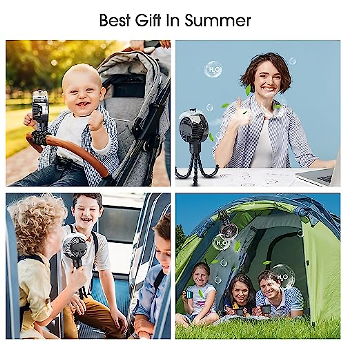 Ausic Misting Fan, 100ml Stroller Fan with Mist, Portable Fan Outdoor 360° Pivot, Clip on Fan Detachable Tripod, Personal Beach Fan, Golf Cart Fan, Handheld Fan, Desk Fan for Treadmill, Car Seat