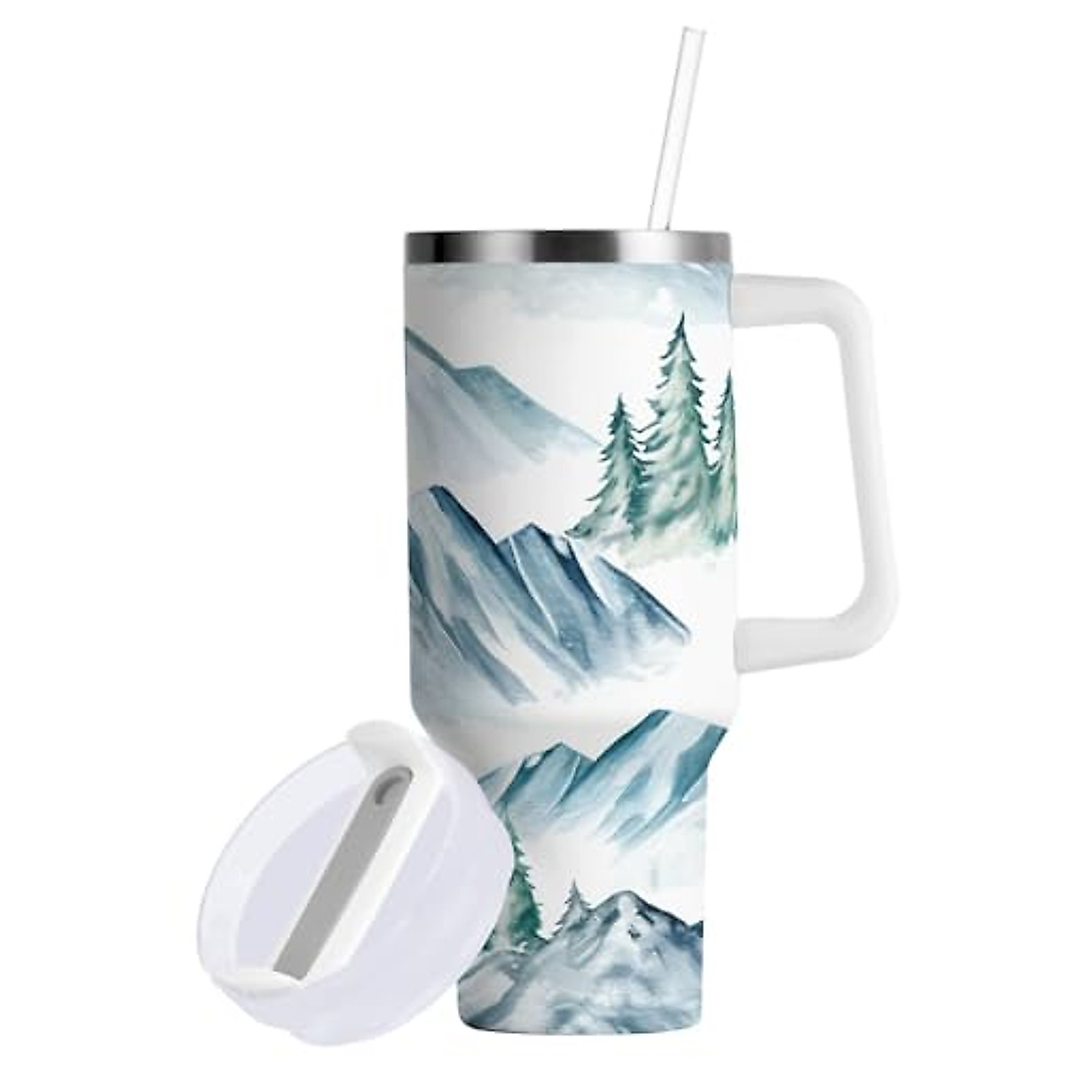 RPLIFE Soft Watercolor Mountains Pastel Green 40 Oz Tumbler with Handle, Stainless Steel Tumbler with Straw, Tea Tumbler