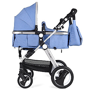 HONEY JOY Baby Stroller for Newborn, 2 in 1 High Landscape Infant Stroller & Convertible Bassinet Pram, Adjustable Backrest & Canopy, Cup Holder, Storage Basket, Foldable Pushchair w/Foot Cover (Blue)
