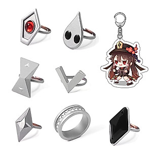 PPONE 7PCS Hu Tao Ring Set with Hu Tao Keychain,Genshin Impact Hutao Rings Cosplay Costume Alloy Finger Props for Fans, Silver, Different sizes
