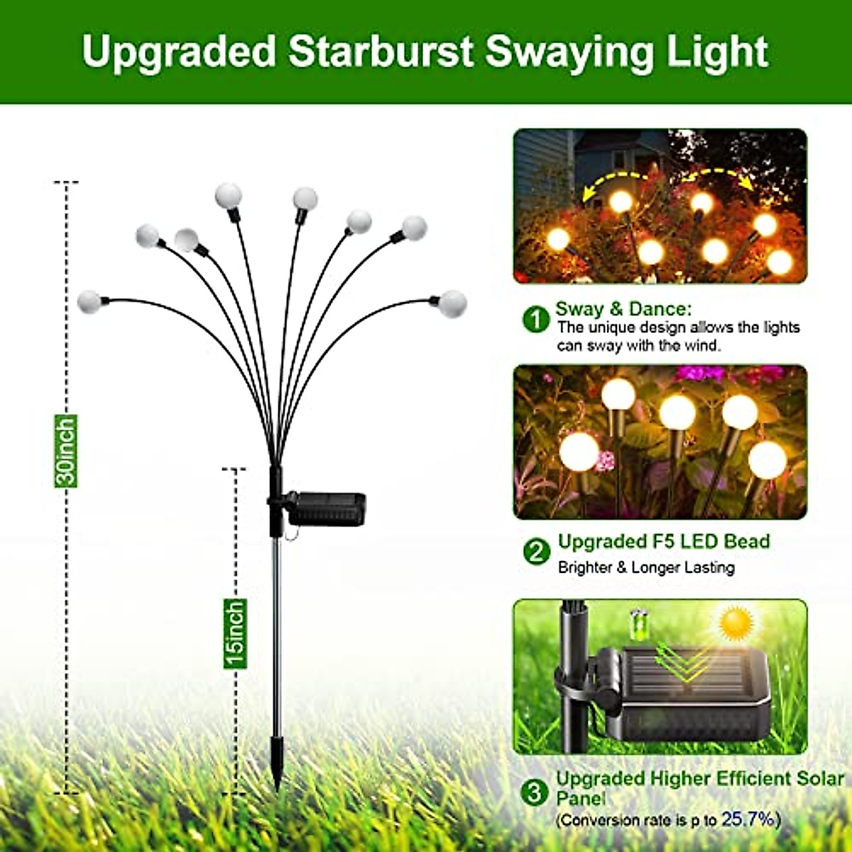LETMY Solar Garden Lights - New Upgraded Solar Swaying Light, 8LED Starburst Solar Outdoor Lights, Solar Firefly Lights Outdoor Waterproof Solar Garden Decorative Lights for Yard Patio Pathway, 4 Pack