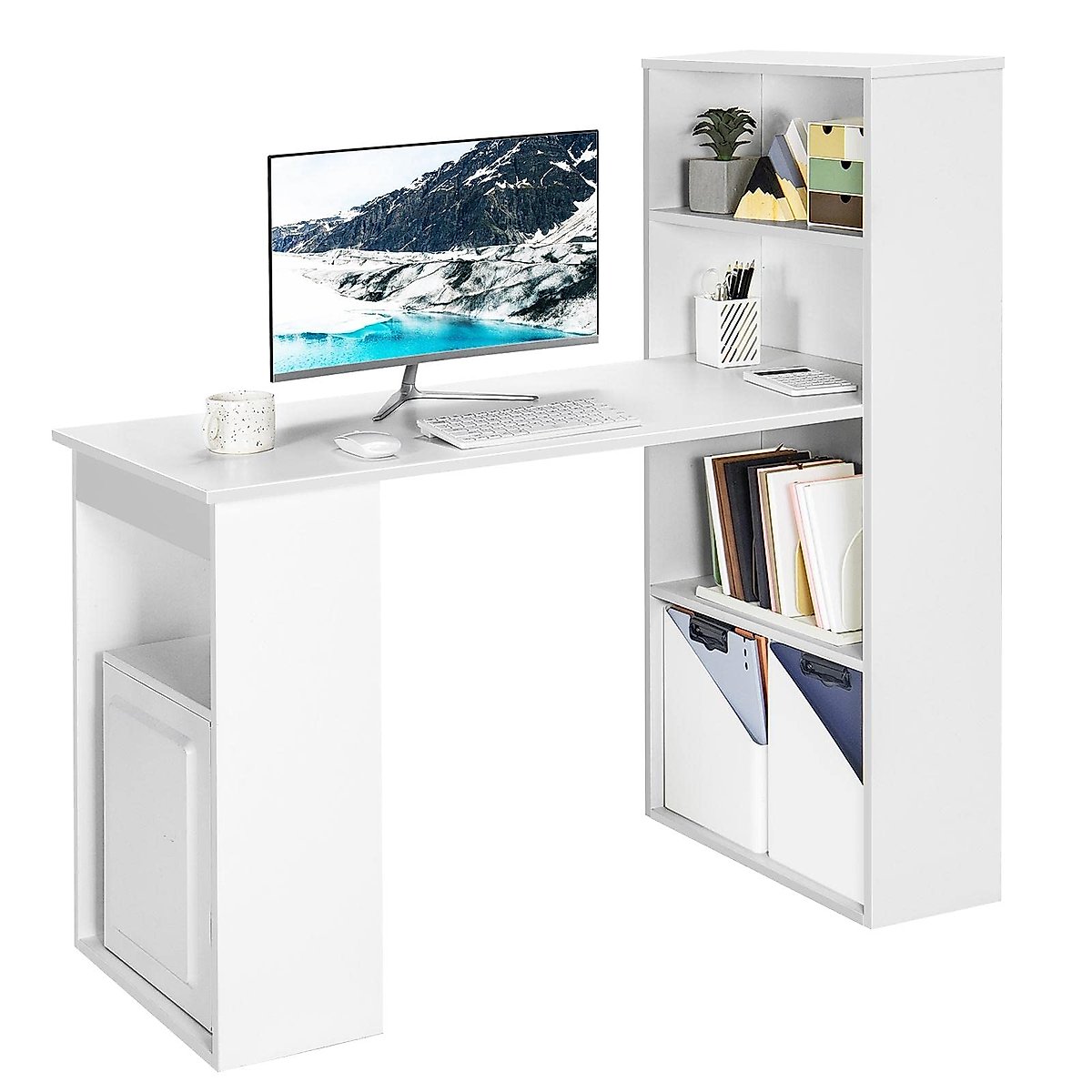 IFANNY White Computer Desk w/Bookshelf, Modern Home Office Desk w/Storage Shelves & CPU Stand, Space-Saving Design, Compact Corner Computer Workstation for Small Spaces