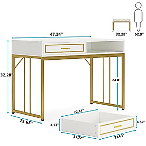 Tribesigns Computer Desk with Drawers, 47 Inch White and Gold Desk, Simple Modern Study Writing Desks with Storage, Make Up Vanity Console Table for Home Office, Bedroom, Living Room