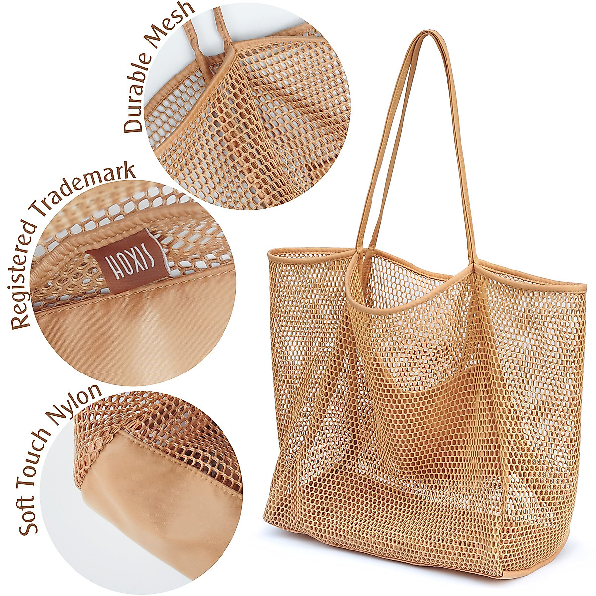 Mesh Beach Tote Womens Shoulder Handbag (Tan, Navy)