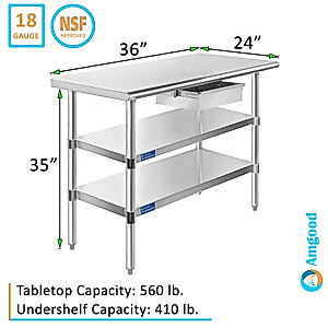 24" X 36" AmGood Stainless Steel Work Table | Commercial & Residential Kitchen Laundry Garage Utility Bench | NSF Metal Prep Table (24" x 36" Table + 2 Shelves + Drawer)