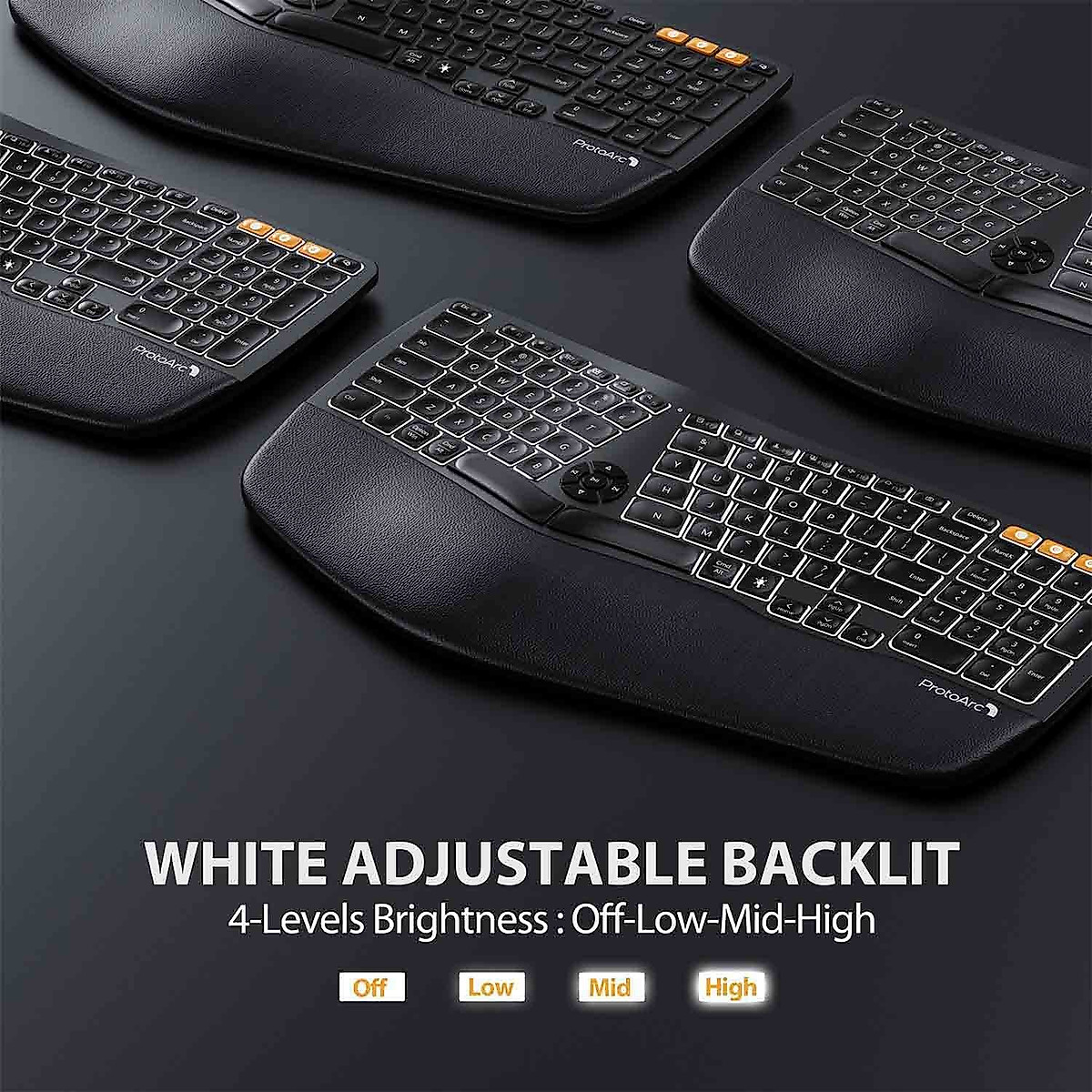 ProtoArc Backlit Wireless Ergonomic Keyboard, EK01 Bluetooth Ergo Split Keyboard with Wrist Rest, Natural Typing, Multi-Device, Rechargeable, Windows/Mac/Android