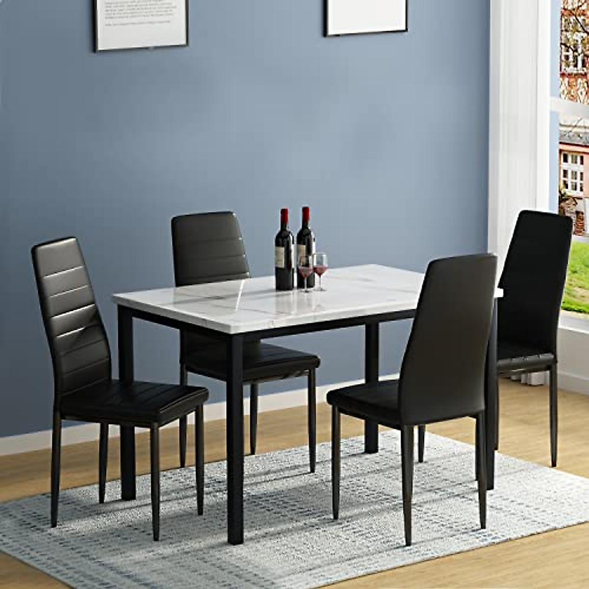 Lamerge Kitchen Tables Set for 4, Dining Faux Marble Top Table and 4 PU Leather Chairs, 5 Pieces Dining Room Table Set for Small Space, Breakfast Nook and Apartment, Black
