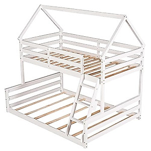 OTRIEK Bunk Bed Twin Over Full, House Bunk Bed with Full-Length Guardrail & Built-in Ladder for Boys Girls Bedroom, House Bed Design/No Box Spring Needed, Can Be Divided into 2 Separate Beds (White)