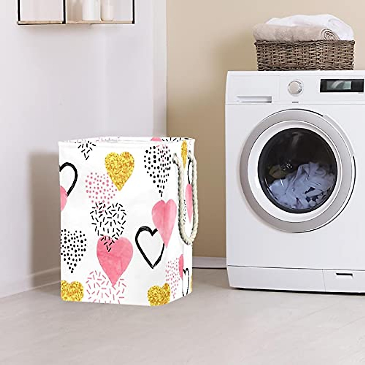 Inhomer Glittering Gold Pink Hearts Pattern Large Laundry Hamper Waterproof Collapsible Clothes Hamper Basket for Clothing Toy Organizer, Home Decor for Bedroom Bathroom