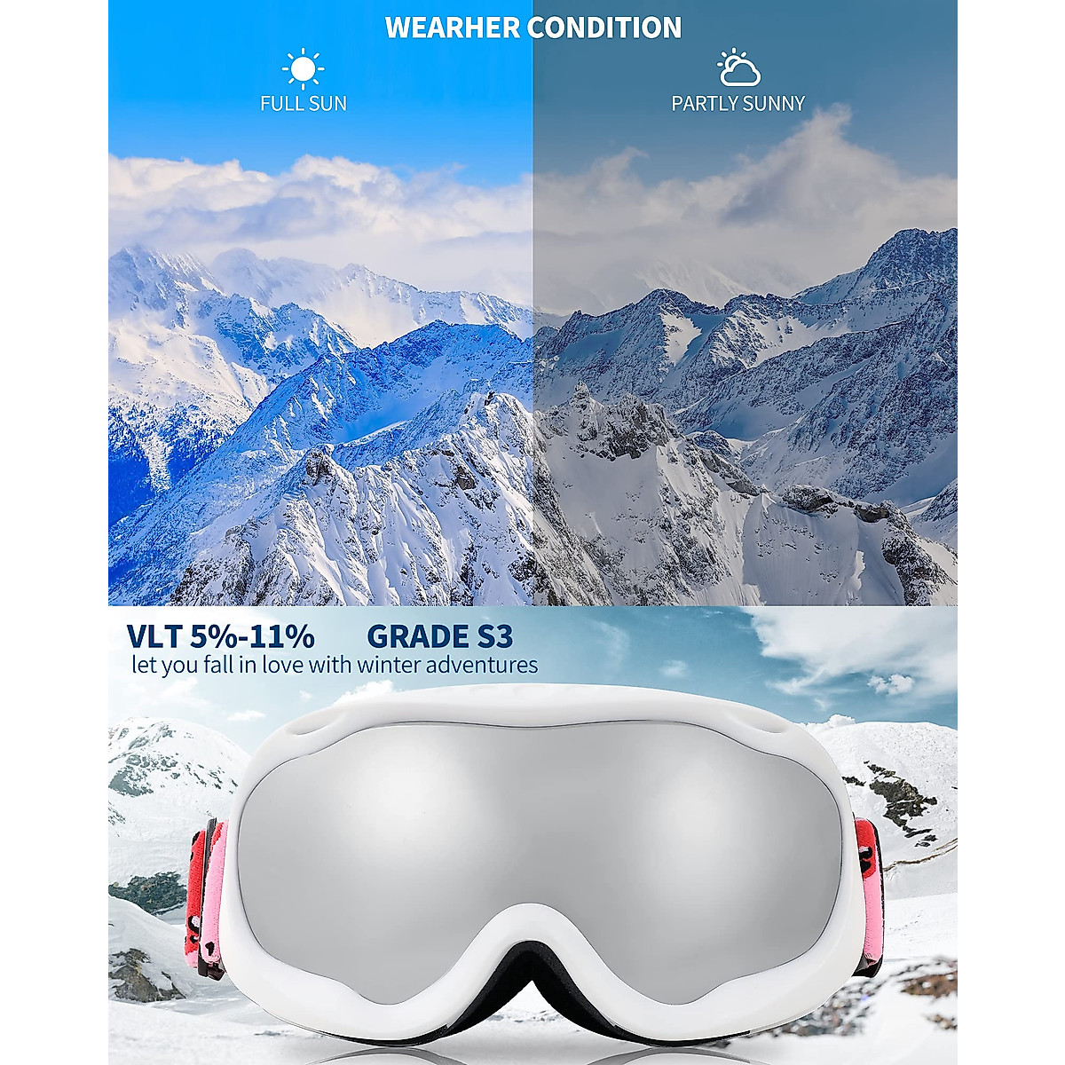 FEISEDY Sports Ski Goggles Snowboard Anti-Fog Mirrored Snow Goggles OTG UV Protection for Women Men Youth B2946