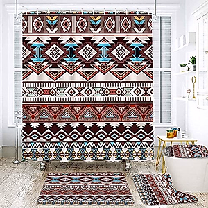 4 Pcs Shower Curtain Sets with Rugs Aztec American Southwestern Native Navajo Ethnic Tribal Vintage Boho Geometric Durable Shower Curtain Sets with 12 Hooks Waterproof Shower Curtain for Bathroom Set