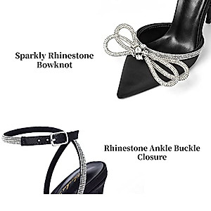 Elisabet Tang Women's High Heel Pumps,Satin Rhinestone Bowknot Lace Up Sandals Pointed Toe Ankle Buckle Straps Pump Stiletto Sandals Black Size 8