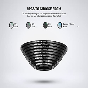 NEEWER 9PCS Camera Lens Step Up Filter Adapter Rings, 37-49, 49-52, 52-55, 55-58, 58-62, 62-67, 67-72, 72-77, 77-82mm Metal Step Up Rings Kit with Anodized Aluminum Threaded Black Frame