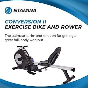 Stamina Conversion II Recumbent Exercise Bike and Rower - Cardio Machine with Smart Workout App - Exercise Bike for Home Workout - Up to 250 lbs Weight Capacity