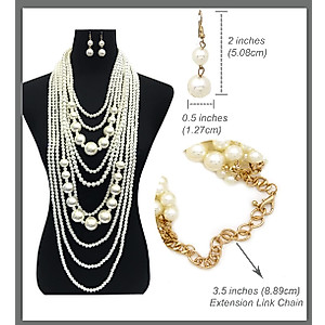 Women's Chunky Multi-Strand Faux Pearl Statement Necklace and Earrings Set (Cream - Style B)