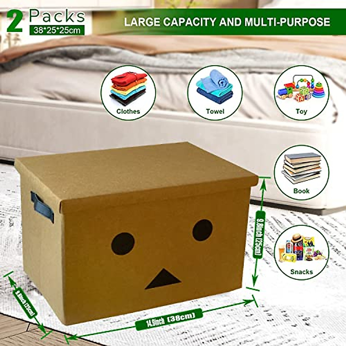 Large Storage Boxes with Lids, Storage Baskets for Shelves, Foldable Organiser Box Baskets,Baskets with Stackable Lid & Handles Collapsible Fabric Bins Home & Office Decorative Storage Box, 2-Pack