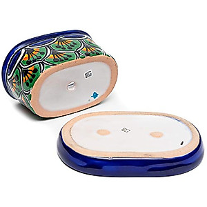 Enchanted Talavera Mexican Talavera Ceramic Succulent Pot Mini Flower Planter Cactus Bonsai Pot W/Drainage & Drip Dish Home Garden Office Desk Décor Gift Set (Peacock)