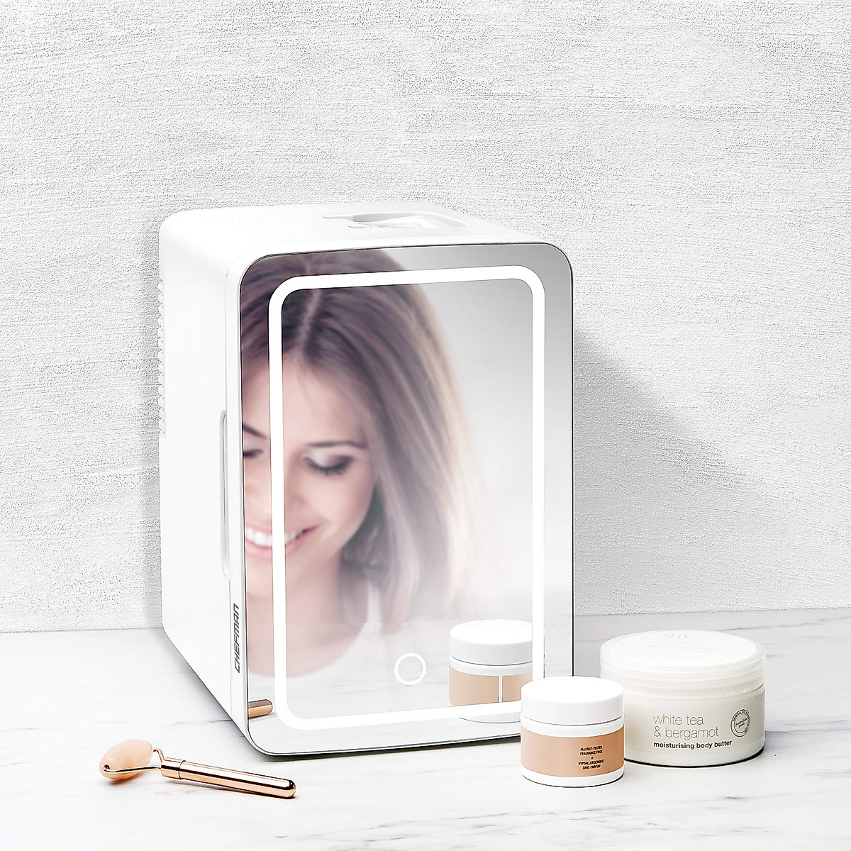 Chefman - Iceman Mirrored Beauty Fridge With LED Lighting, 6L Portable White Mini Refrigerator, Skin Care, Makeup Storage, Chill Cosmetics & Face Masks, Small For Desktop Or Travel, Cool & Heat