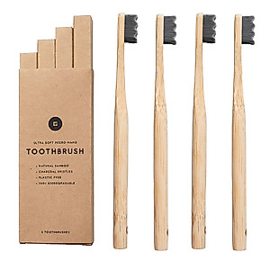 Gongi Wooden Bamboo Toothbrush - 20,000 High Bristle Count Toothbrush - Micro-Nano Extra Soft Bristles - 4-Pack