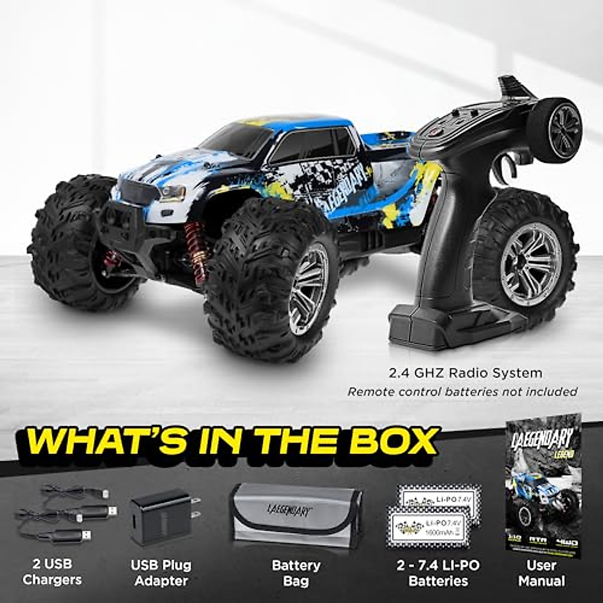 LAEGENDARY 1:10 Scale 4x4 Off-Road RC Truck - Hobby Grade Brushed Motor RC Car with 2 Batteries, Waterproof Fast Remote Control Car for Adults