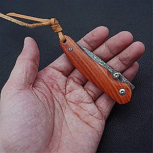 KUNSON Folding Pocket Knife 2.6” Damascus Steel Blade and Natural Classic Red Sandalwood Handle Design, Outdoor EDC Portable Carry Keychain Knife