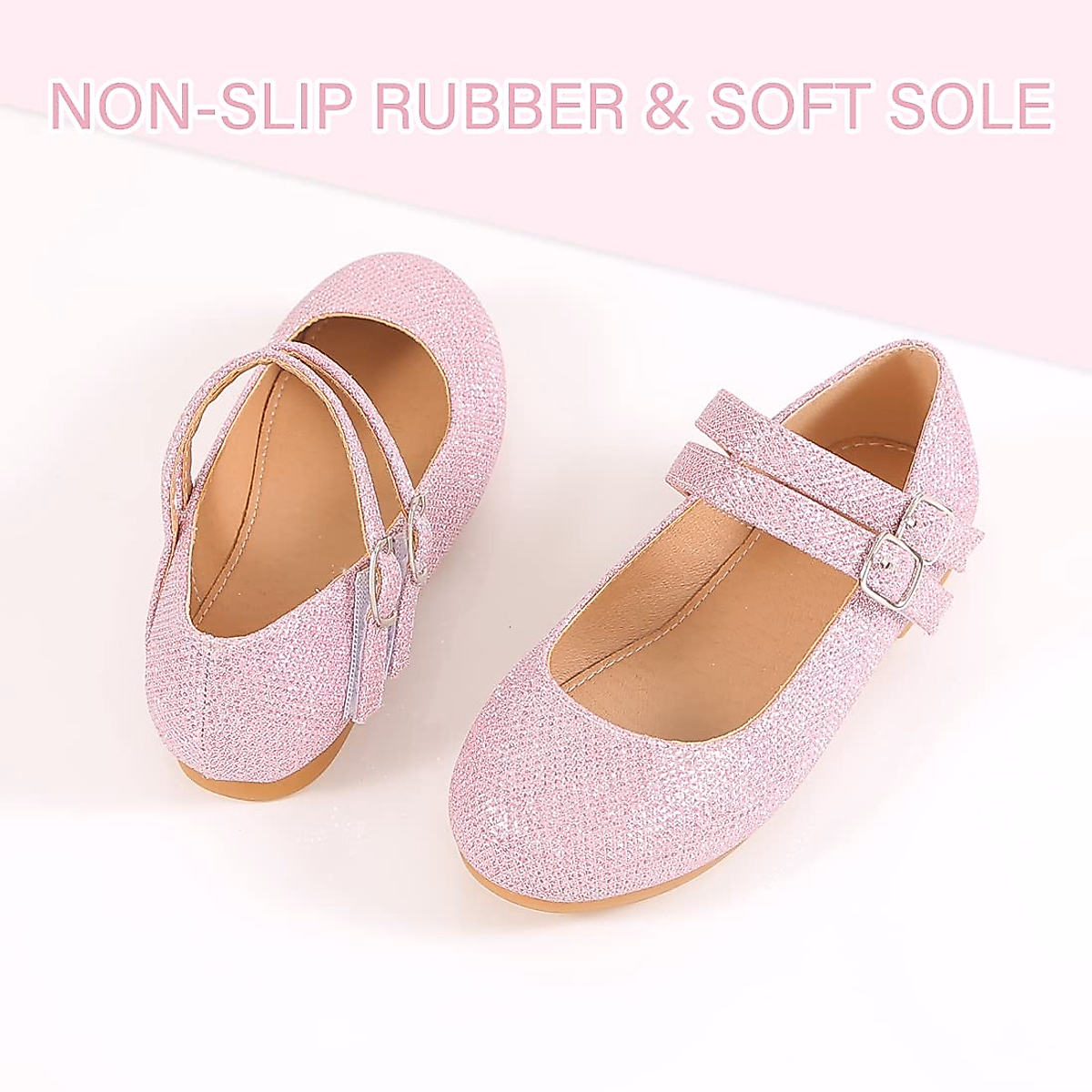 JTENGYAO Girls Pink Sequin Ballet Shoes Mary Jane Flat Shoes for Girls Ballerina Flats Dress Shoes for Party Wedding School Size 1