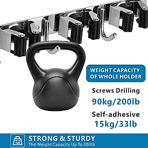 Voolan 2 Pack Mop and Broom Holder Wall Mount - Stainless Steel Heavy Duty Garden Tool Organizer, Self Adhesive Garage Organization and Storage Utility Rack (5 Racks and 4 Hooks, Chrome)