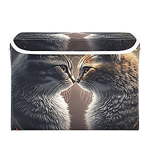 Vnurnrn Collapsible Storage Bin with Lid (Romantic Cats), Foldable Storage Boxes Cube with Lid for Clothes Toys 16.5×12.6×11.8 Inch