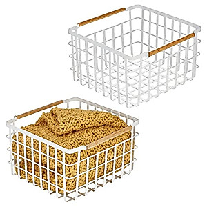 mDesign Metal Steel Wire Square Organizer Storage Basket w/Bamboo Handles for Closet, Shelves, Holds Linens, Blankets, Slippers, Scarves, Hats, Gloves - Yami Collection - 2 Pack - Matte White/Natural
