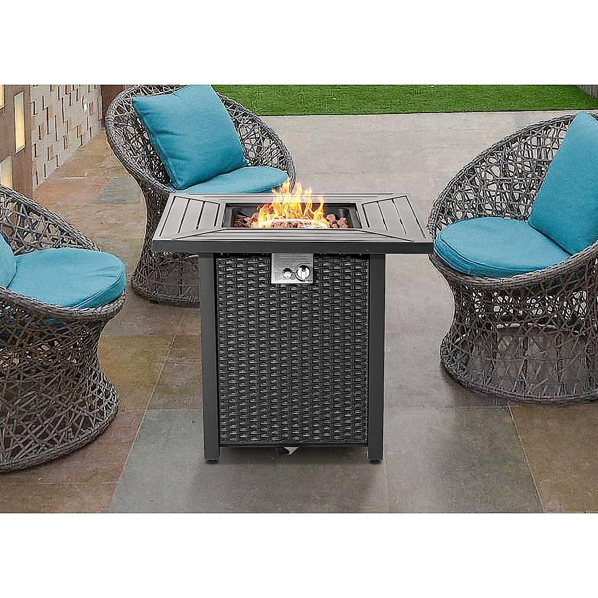 SUNBURY Outdoor Propane Fire Pit Table, 28 Inch Patio Gas Fire Table 40,000 BTU Auto-Ignition, Rattan-Look Outdoor Companion w Lid, Waterproof Cover, Lava Rocks (Black Brown)