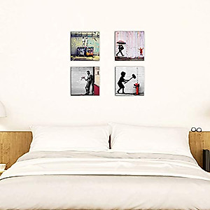 Biufo Banksy Wall Art Street Graffiti Canvas Print Picture Modern Painting Artwork for Living Room Bathroom Bedroom Decor (12"x12"x4pcs)