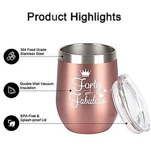 GINGPROUS 40th Birthday Gifts for Women Wife Mom Friends Coworkers, Forty and Fabulous Wine Tumbler for 40th Birthday, 12 Oz Stainless Steel Insulated Wine Tumbler with Lid and Straw, Rose Gold