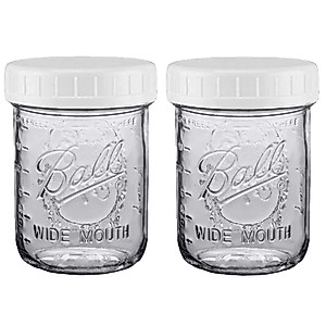 Wide Mouth Mason Jars 16 oz - (2 Pack) - Ball Wide Mouth 16-Ounces Pint Mason Jars with White M.E.M Food Storage Plastic Lids, Caps Fit Ball and Kerr Wide Mouth - For Storage, Freezing, Leak Proof,