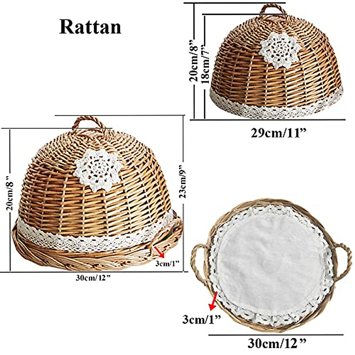 Coralpearl Rattan Wicker Woven Food Dome Lid Cover and Table Serving Tray Storage Plate Platter with Handles for Picnic Party Bread Cake Pizza Dry Fruit Dessert Indoor Outdoor (Brown)