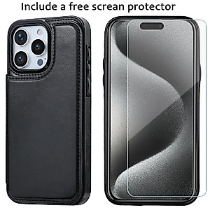 JOYAKI Wallet Case Compatible with iPhone 15 Pro Max(6.7"),Slim Protective case with Card Holder with 1 Screen Protective Glass,Premium PU Leather Kickstand Card Slots Case-Black