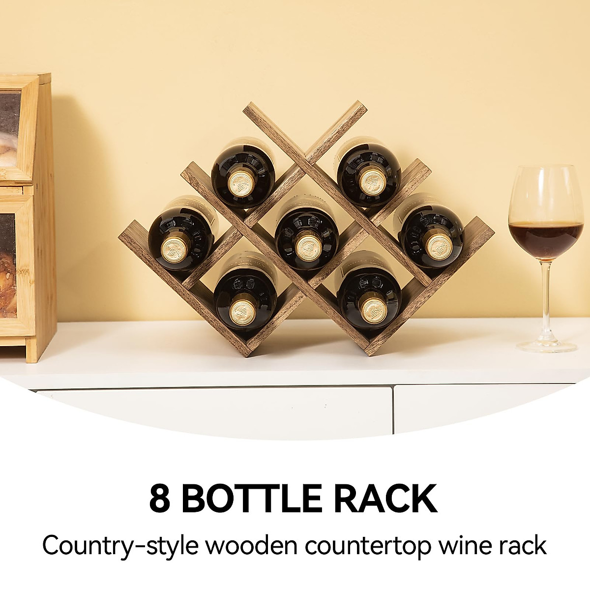 KIRIGEN 8-Bottle Countertop Wine Rack - Wine Bottle Holder for Bar Table/ Wine Cabinet Free Standing - Wood 3-Tier Wine Display and Storage Shelves Dark Brown XHJJ3-DBR