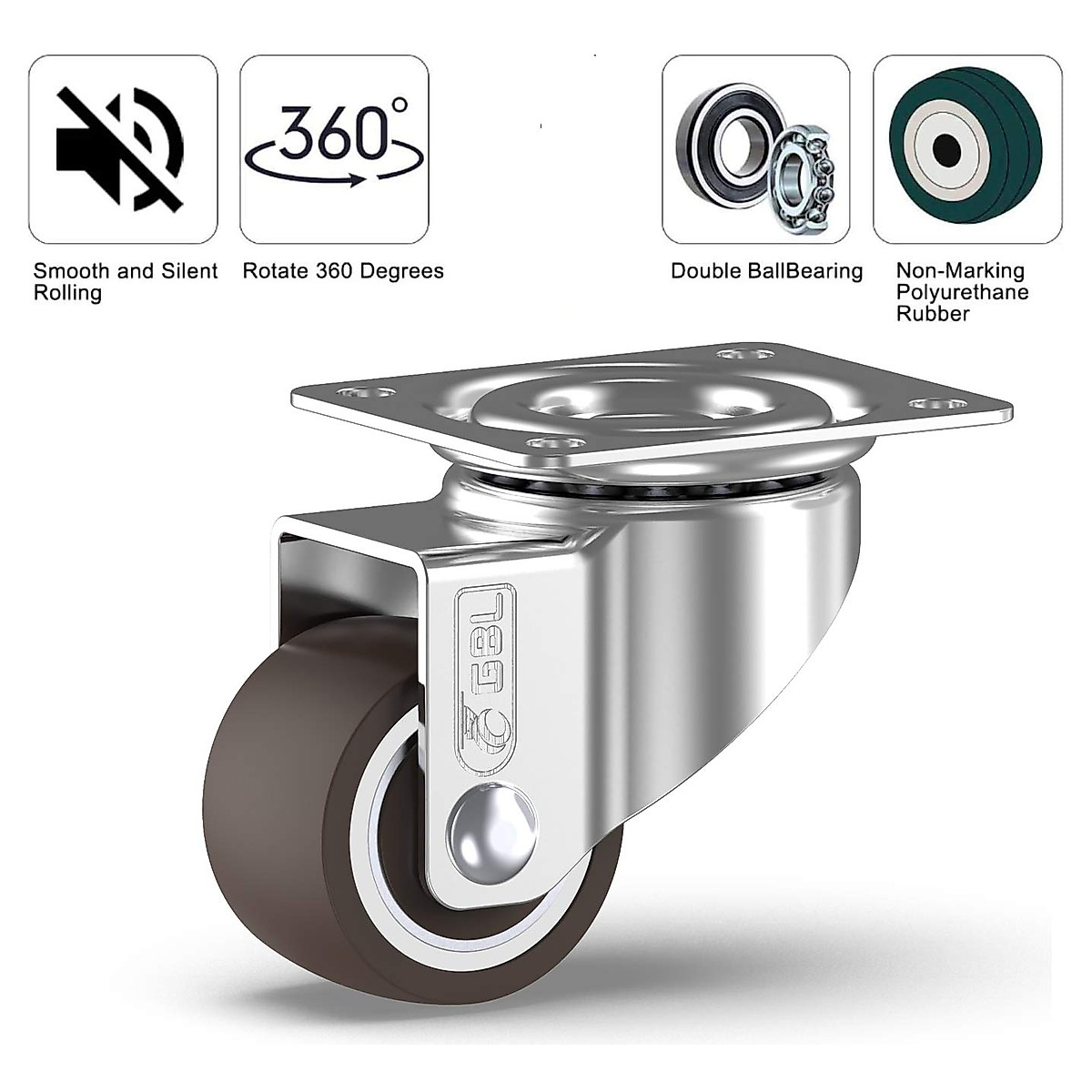 GBL 1" inch Small Caster Wheels with 2 Brakes + Screws - 90Lbs - Low Profile Castor Wheels with Brakes - Set of 4 No Floor Marks Silent Casters - Mini Wheels for Cart