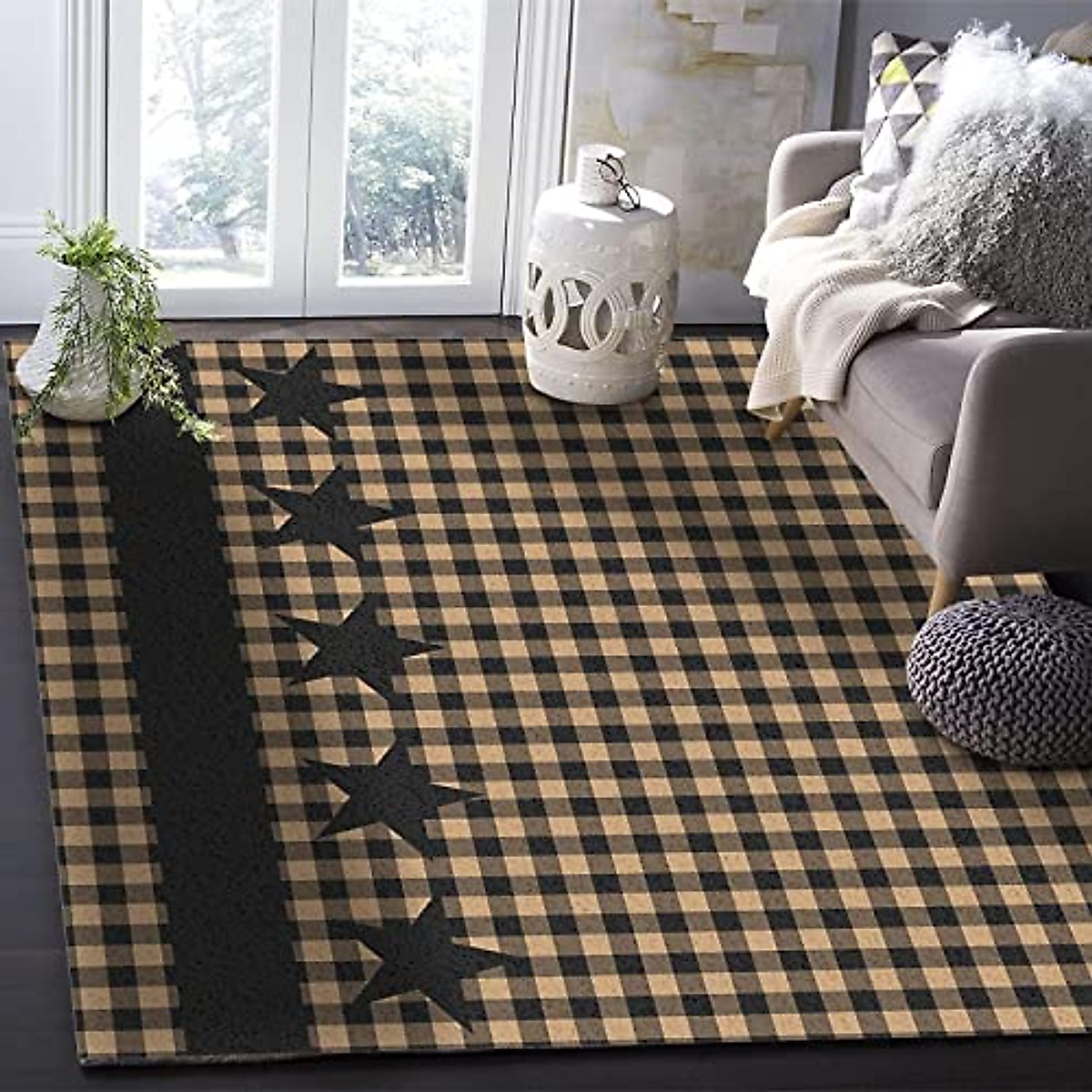 Retro Country Star Area Rug, Brown Black Buffalo Plaid Decorative Rug, Easy Clean Carpet with Anti-Slip Backing for Bedroom Living Room Dining Room Office 3ftx2ft