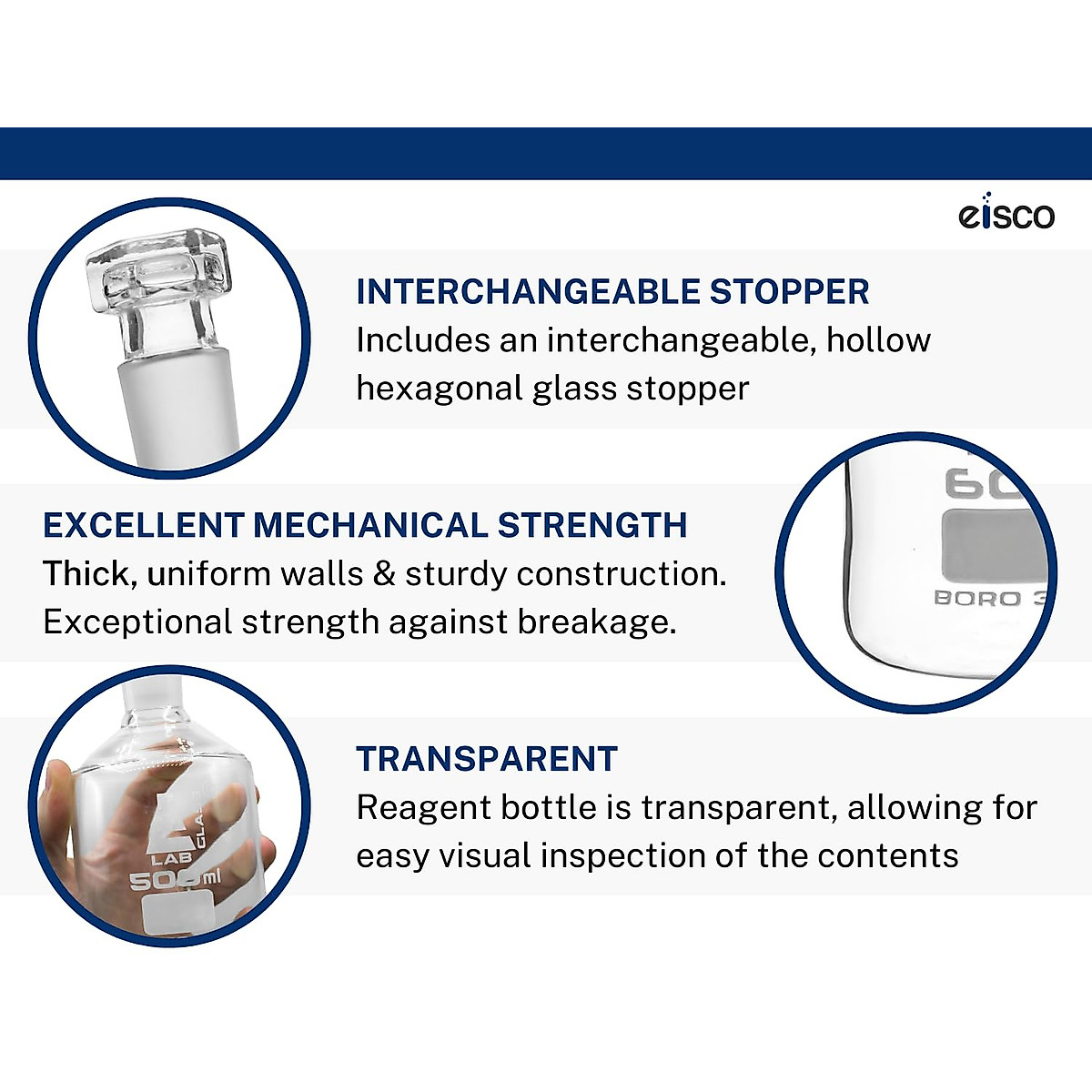 EISCO Reagent Bottle, Borosilicate Glass, Narrow Mouth with Interchangeable Hexagonal hollow glass Stopper - 1000ml Labs