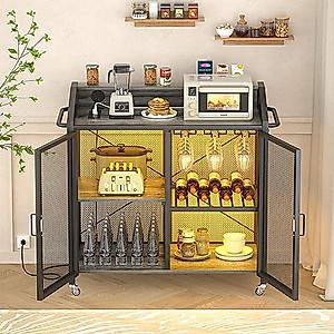Cyclysio Sideboard Buffet Cabinet with Power Outlets, Wine Bar Cabinet with LED Lights Kitchen Cabinet Modern Accent Buffet Cabinet with Door for Bedroom, Living Room, Kitchen, Office Grey