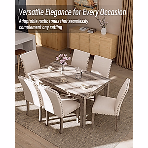 Morden Fort 7 Piece Rustic Wooden Dining Set, Mid-Century Modern Table & Chair Set for Spacious Dining Rooms and Entertaining Guests