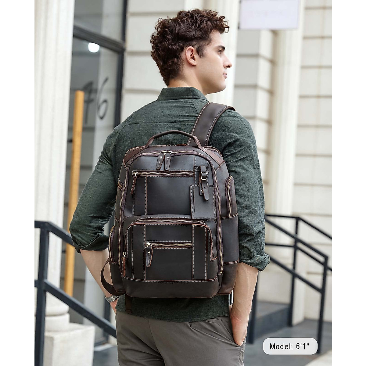 Taertii Mens Full Grain Genuine Leather 15.6 Laptop Backpack Large Capacity Weekender Overnight Camping Travel Rucksack 30L